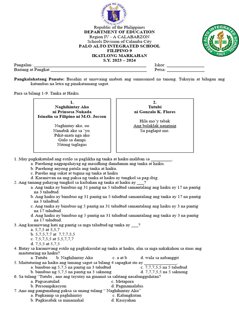 Filipino 9 2nd Quarter Test and Answer Key | PDF