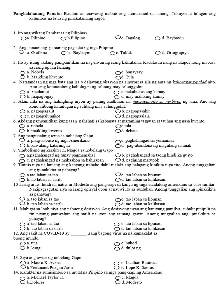 Pagsusulit Sa Filipino 9 1ST 2ND Quarter | PDF