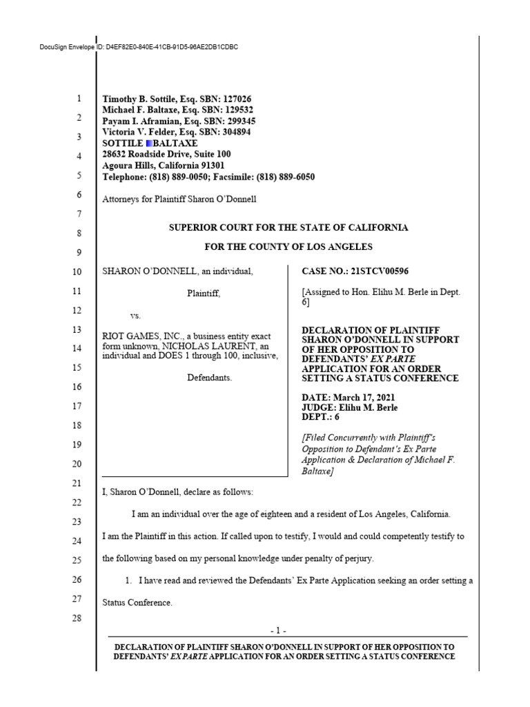 Plaintiff's Declaration Against Ex Parte Application | PDF | Lawsuit | Mail