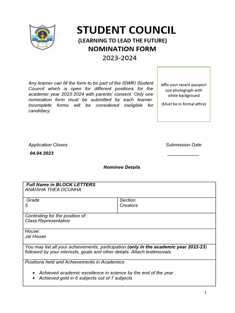 Student Council Nomination Form 2023 | PDF | United States House Of ...