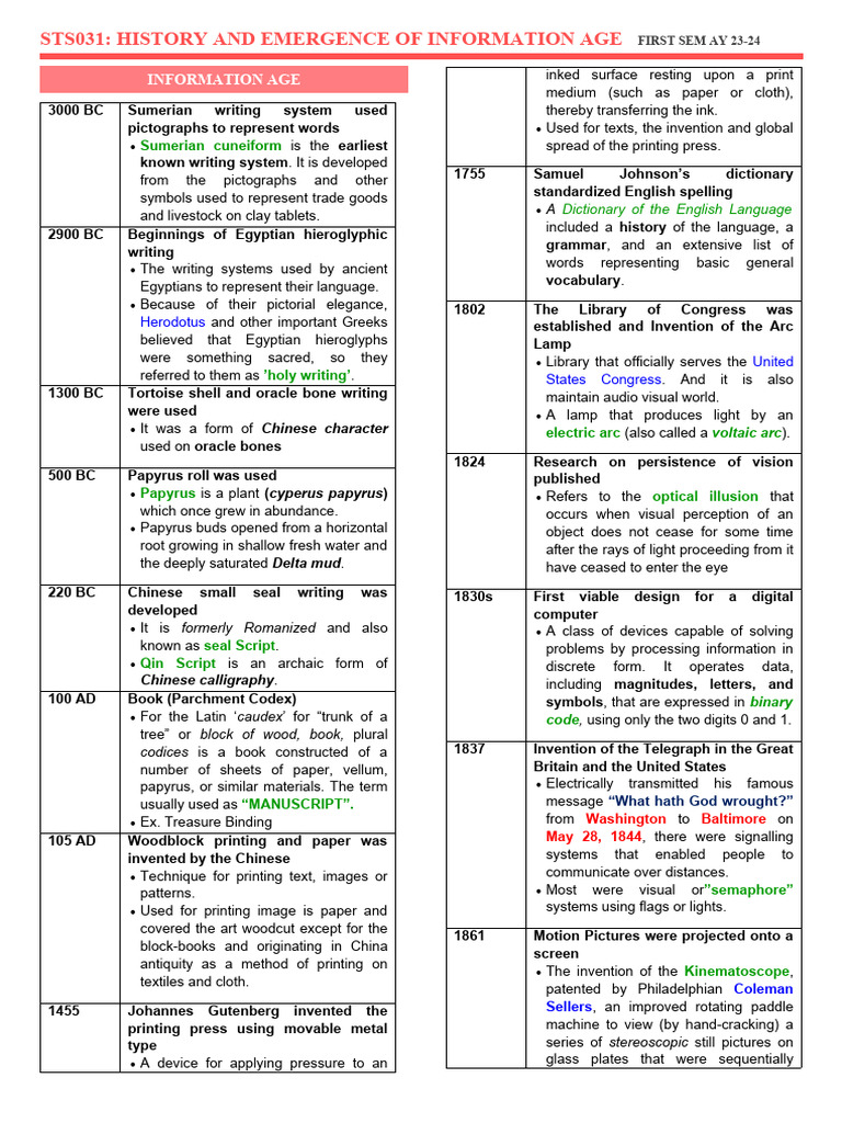 STS031 - Lesson 9 Notes - History and Emergence of Information Age ...