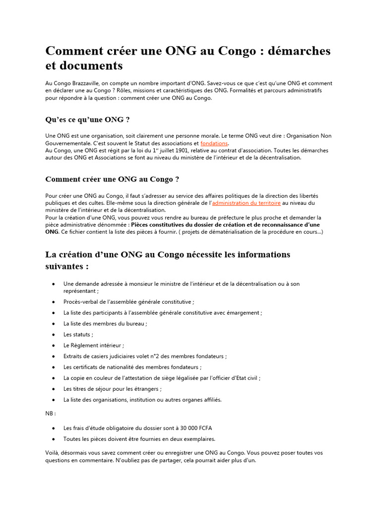 Créer une ONG au Congo : Guide pratique | PDF