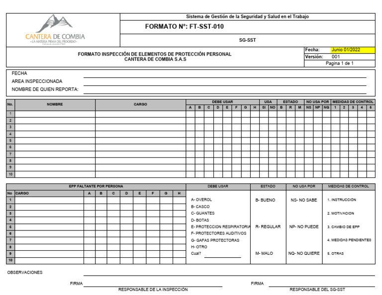 Formato Inspeccion de EPP CANTERA DE COMBIA | PDF