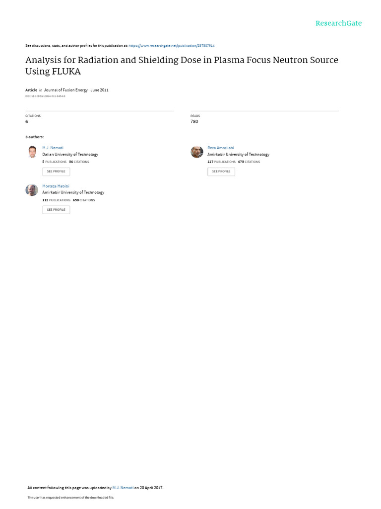 Analysisfor Radiationand Shielding Dosein Plasma Focus Neutron Source Using Fluka Download