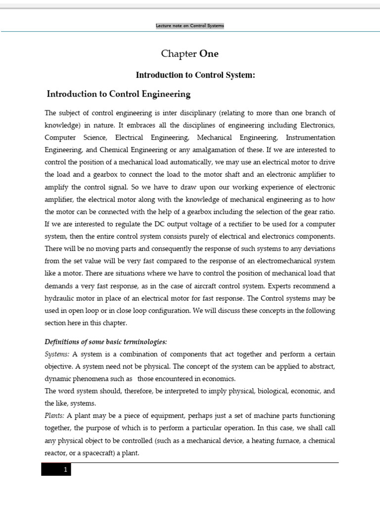Chapter - One (1) Control | PDF | System | Feedback