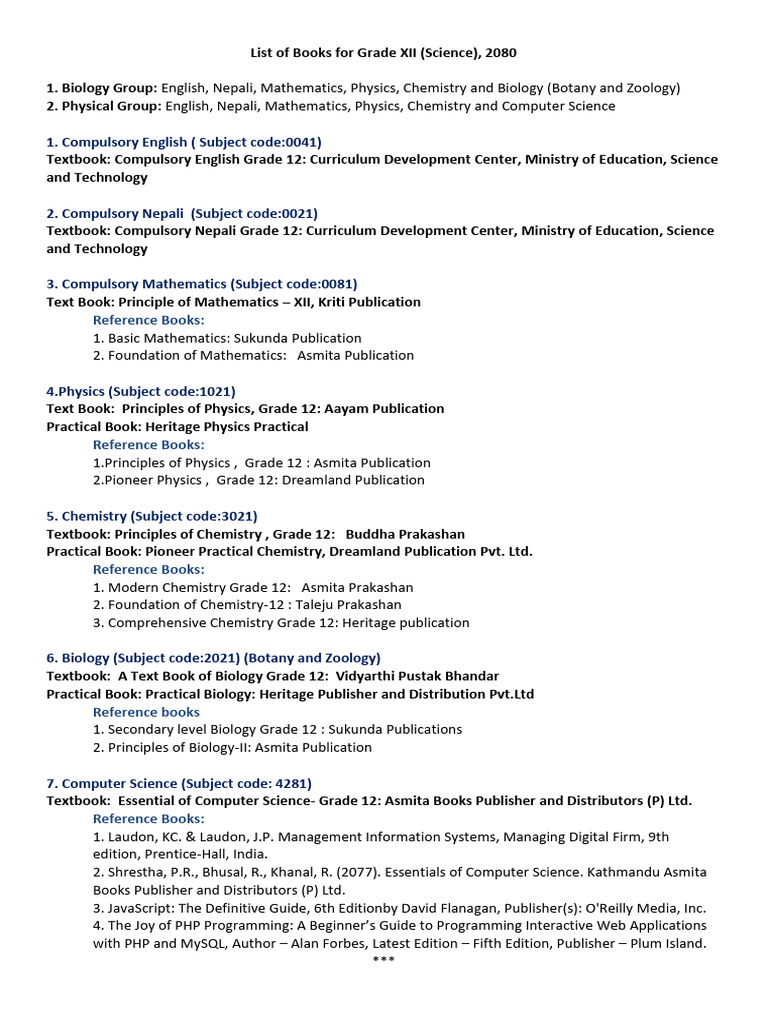 Book List Grade 12 KUHS 2080 | PDF | Mathematics | Textbook