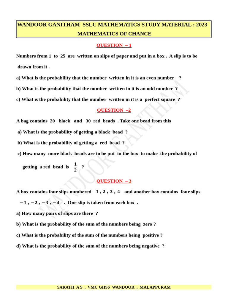 SSLC Mathematics Important Questions Chap 3 EM MATHEMATICS OF CHANCE ...