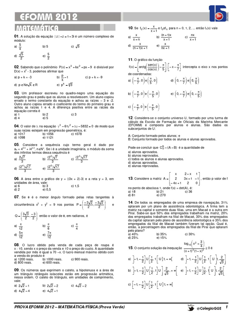 Prova Efomm 2012 - Matemática/Física (Prova Verde) | PDF
