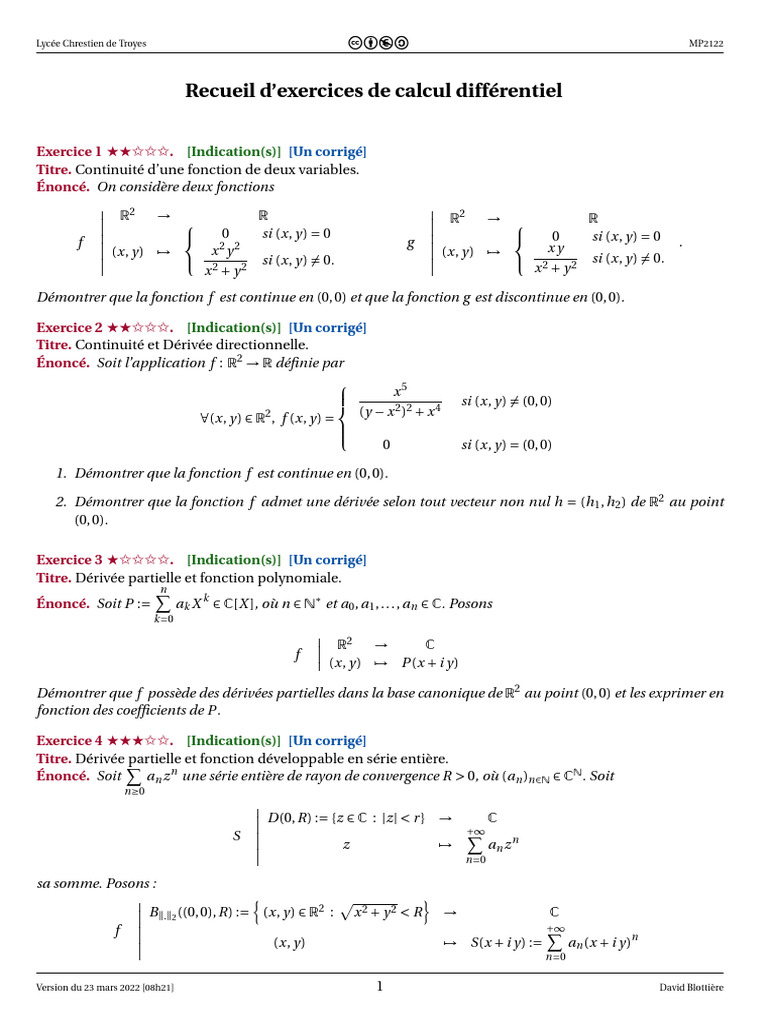 Recueil Exercices Calcul Differentiel | PDF | Série entière | Analyse mathématique