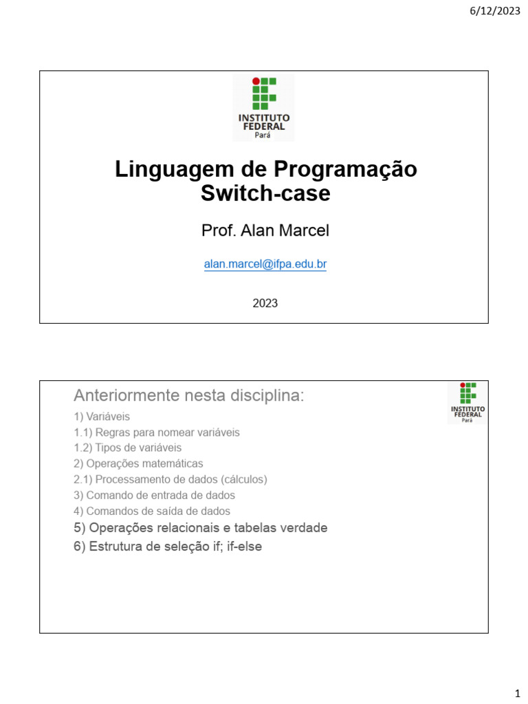 05 Ling Prog - Estruturas de Selecao - Switch-Case | PDF | Algoritmos ...