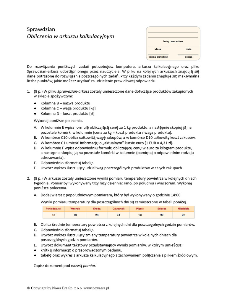 Sprawdzian, Obliczenia W Arkuszu Kalkulacyjnym, Klasa8 | PDF
