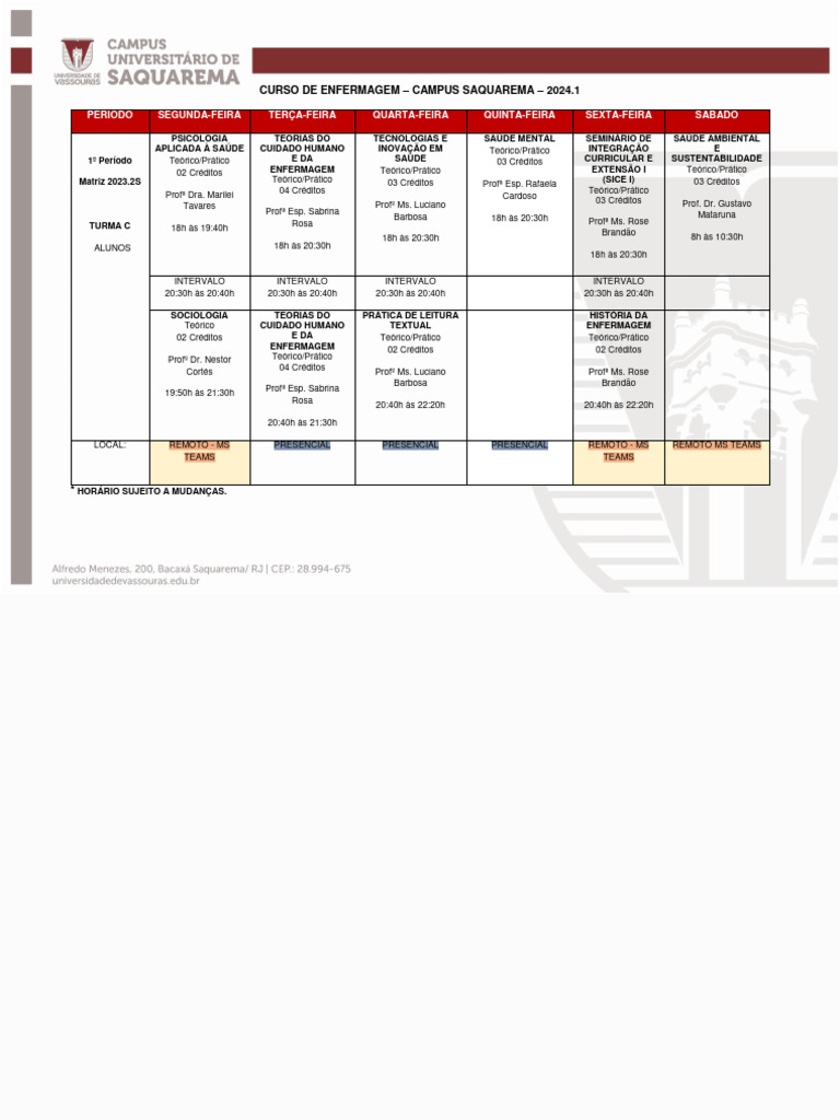 Grades de Horários 1º P Enf Turma C 20241 - 240304 - 164229 | PDF | Sistema de saúde | Ciências ...