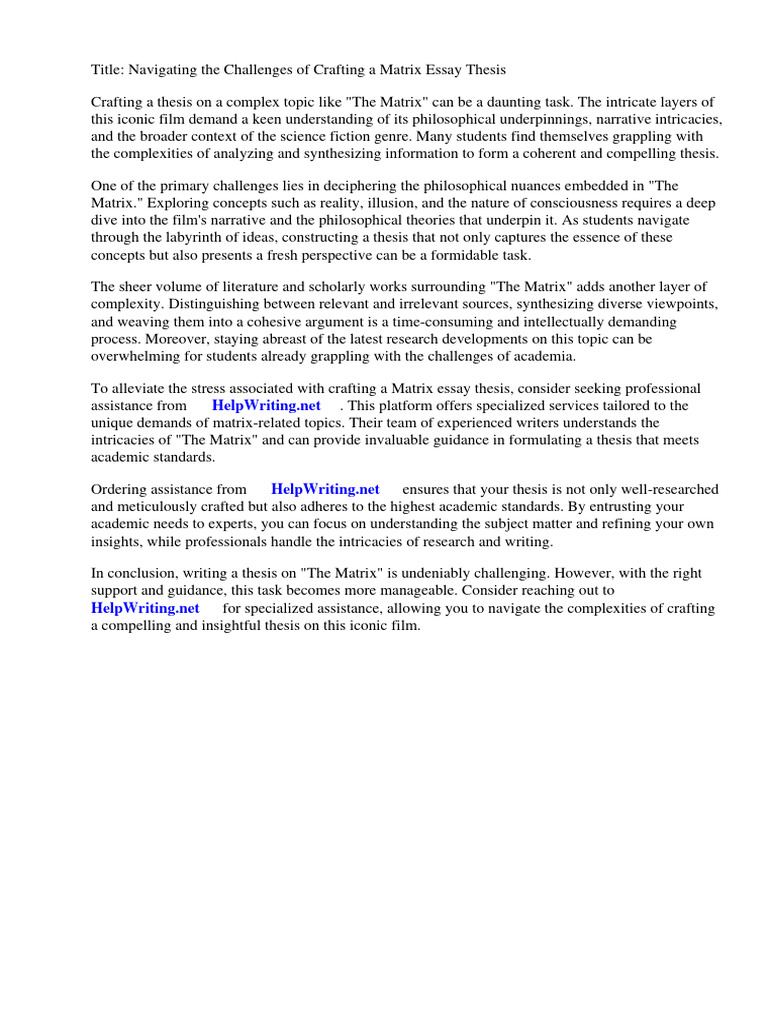 The Matrix Essay Thesis | PDF | Narrative | Essays