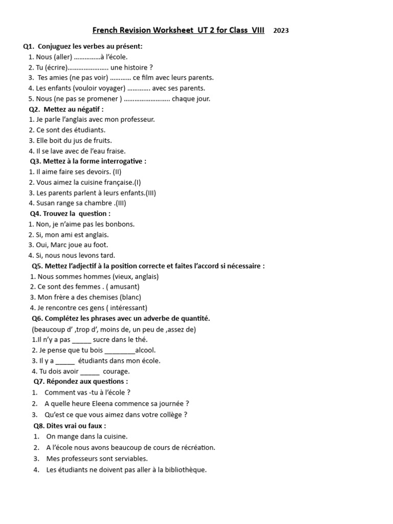 Grade 8 French Revision Worksheet | PDF | Foreign Language Studies ...