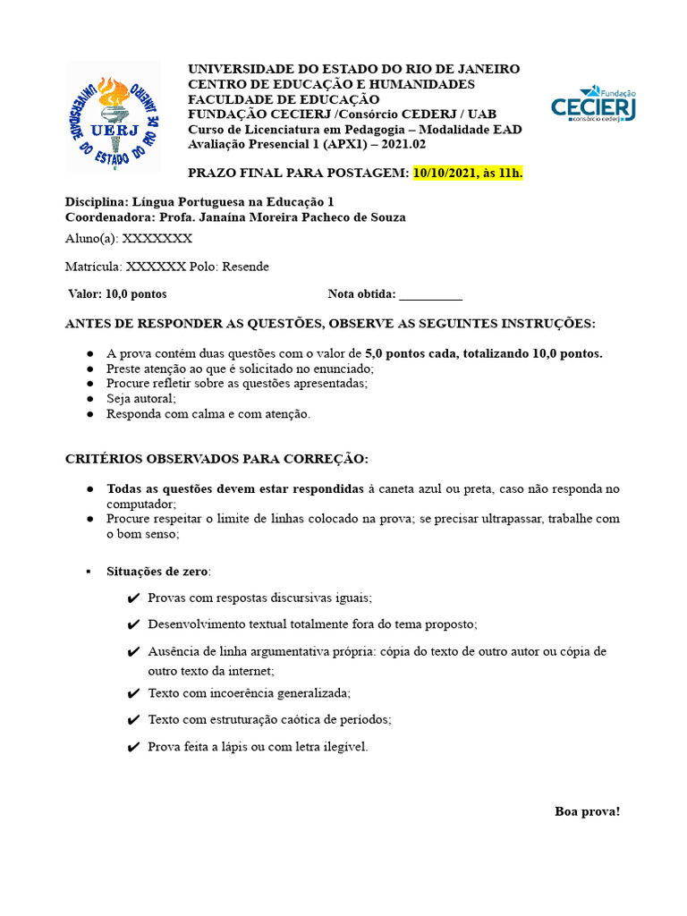 APX1 LPE1 - 2021.2 - Pedagogia | PDF | Aprendizado | Escolas