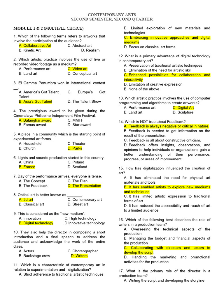 Contemporary Arts Module Quiz Questions | PDF | Paintings | Audition