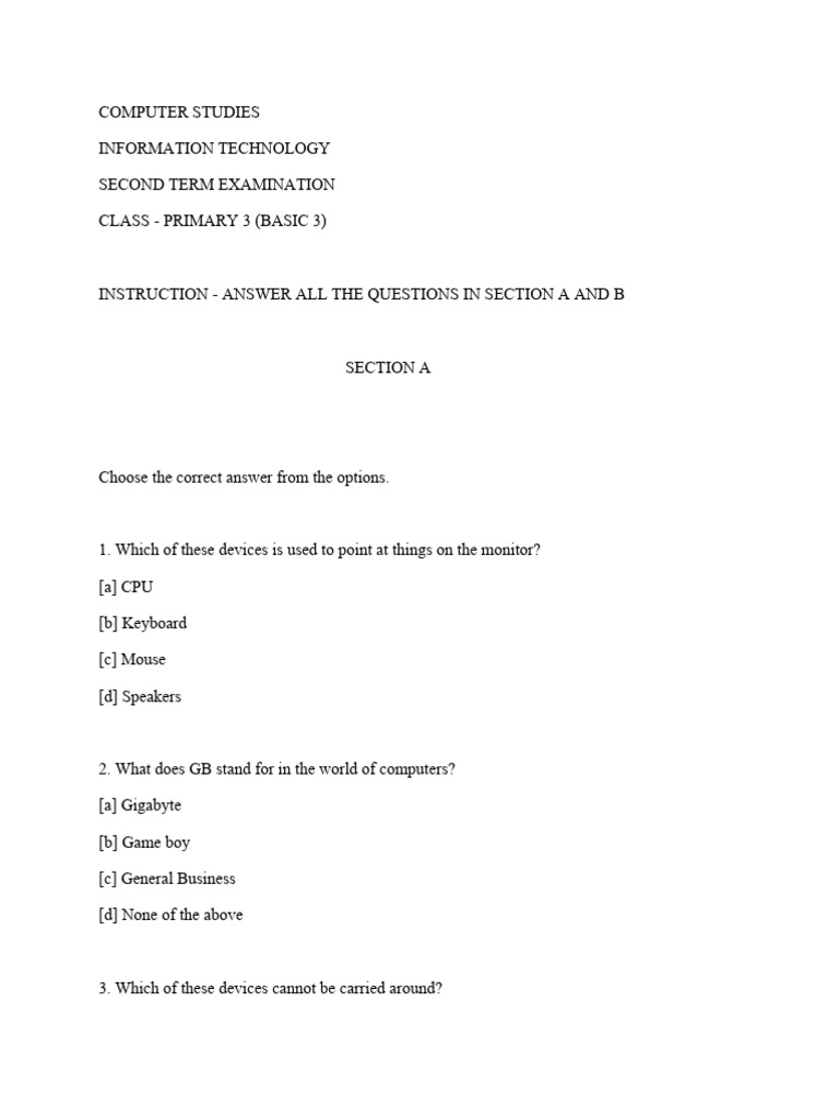 Primary 3 Computer Studies Exam 2nd Term | PDF | Laptop | Computer Keyboard
