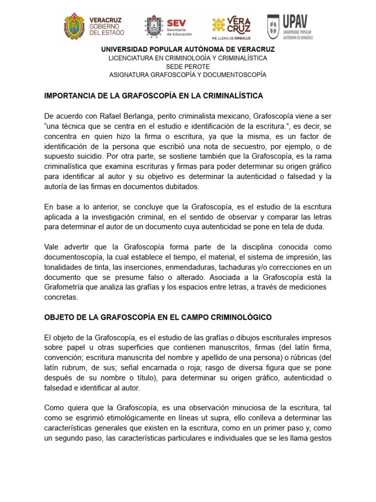 Grafoscopía Documentoscopía | PDF | Documento | Escritura