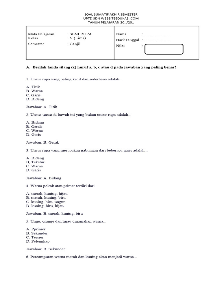Soal dan JAWABAN SAS SENI RUPA Kelas 5 | PDF