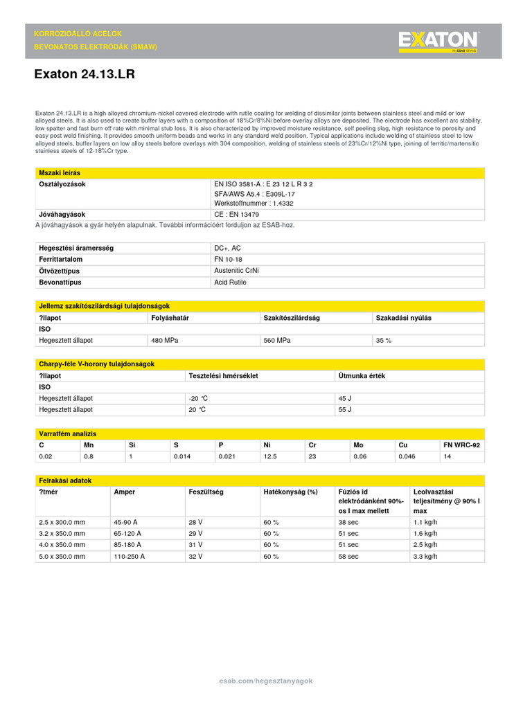 Exaton 24.13.LR: Korrózióálló Acélok Bevonatos Elektródák (Smaw) | PDF