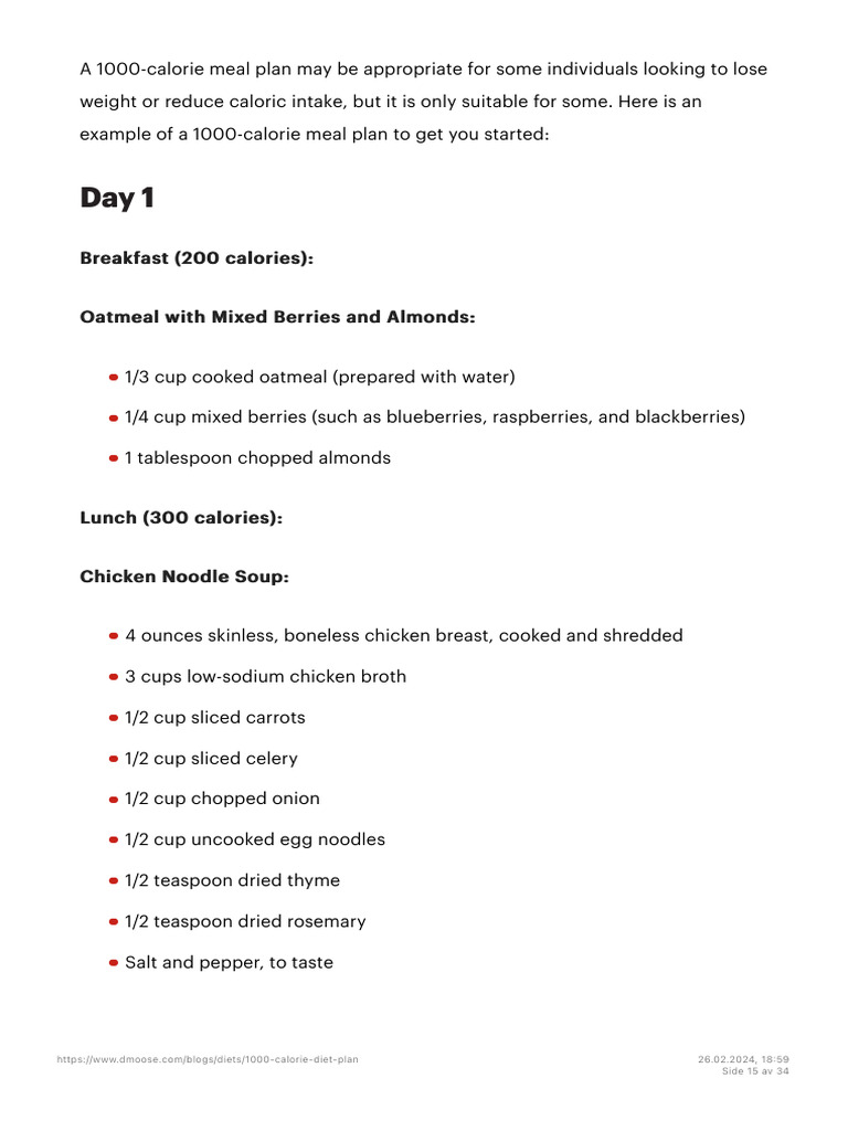 A 1000 Calorie Diet Plan For Weight Loss - DMoose | PDF | Dieting ...