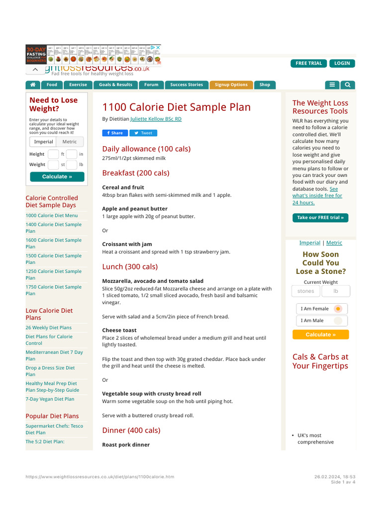 1100 Calorie Diet Sample Menu | PDF | Dieting | Roasting
