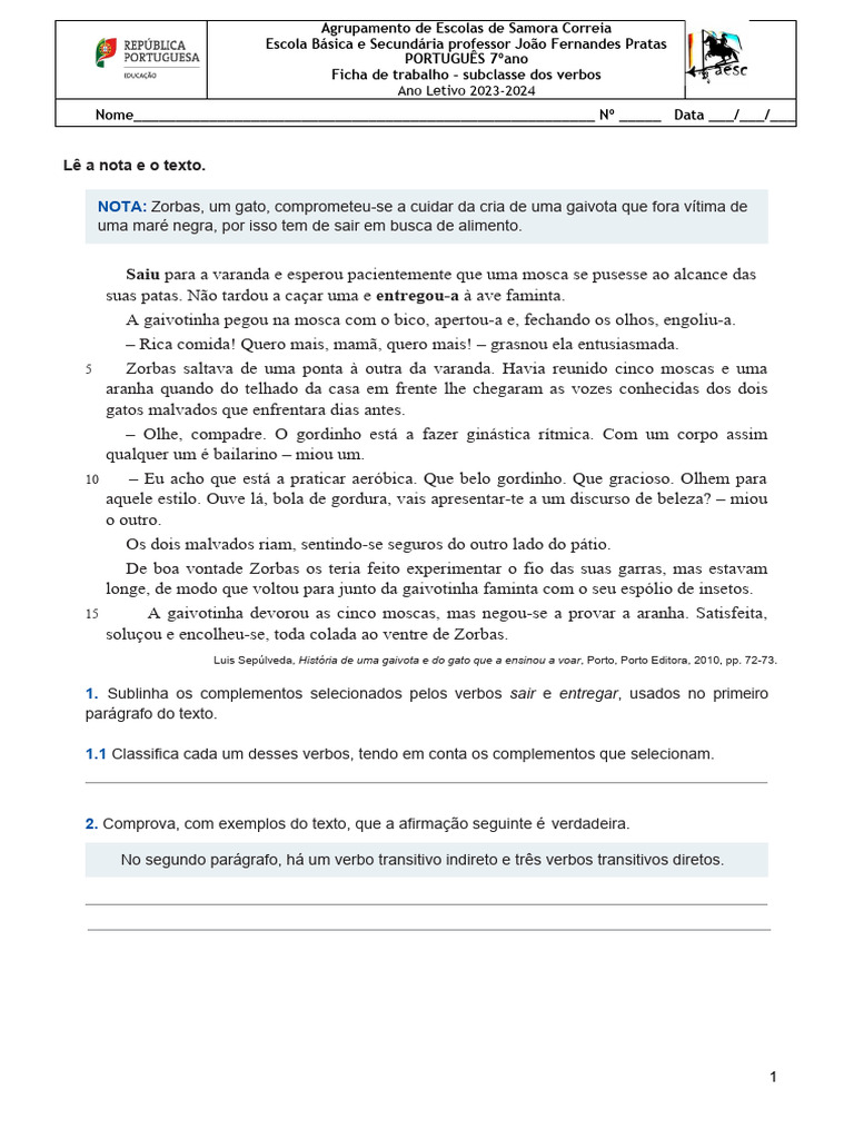 Ficha de Trabalho - Subclasse Dos Verbos | PDF