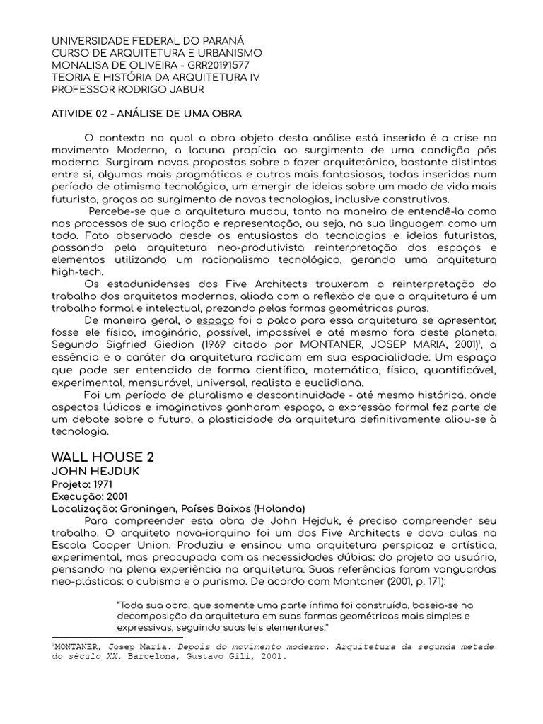 Análise Sobre A WALL HOUSE 2 Do Arquiteto JOHN HEJDUK | PDF | Física