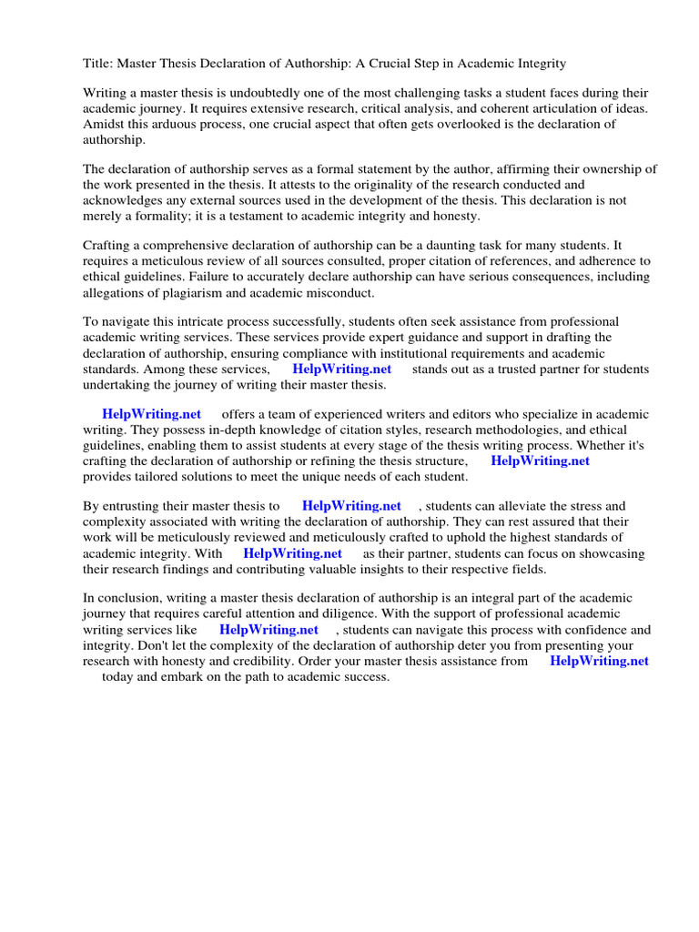 Master Thesis Declaration of Authorship | PDF | Thesis | Academic Integrity