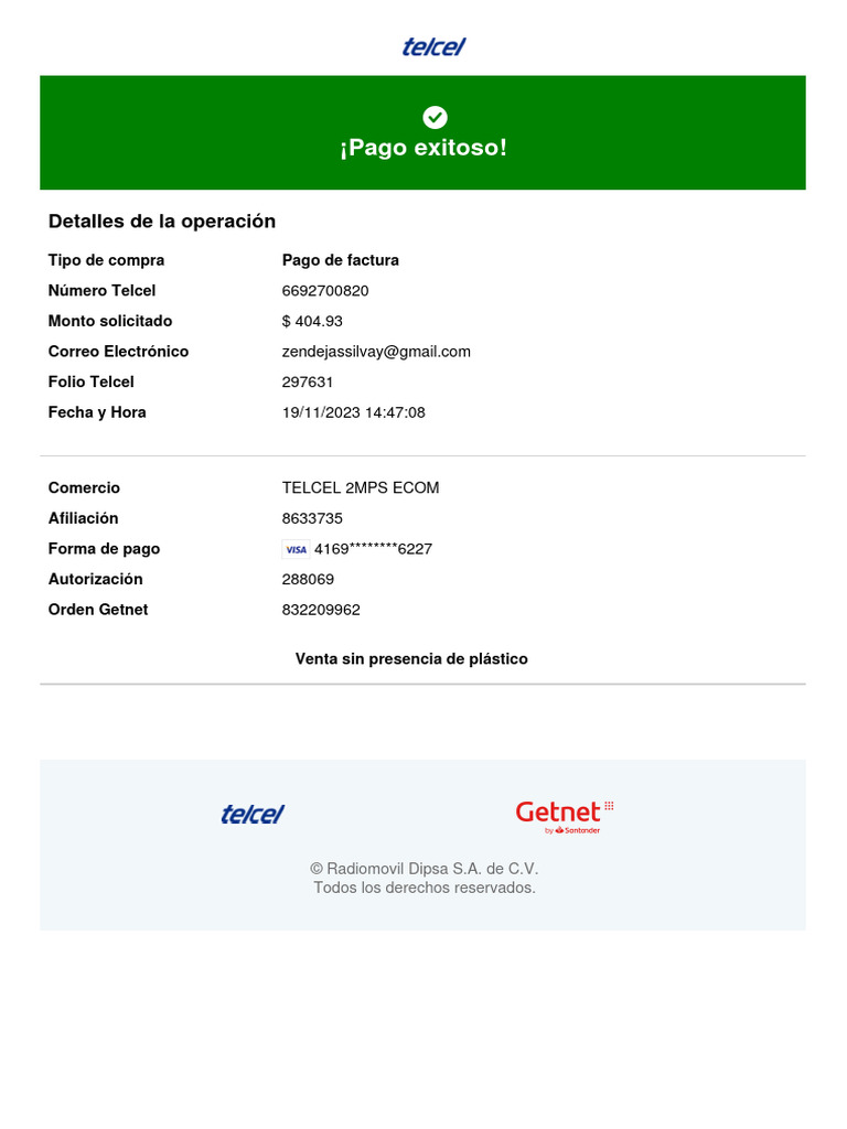 Pago Telcel 2MPS ECOM Confirmado | PDF