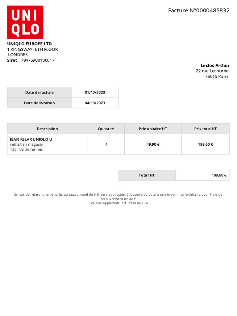 Facture UNIQLO N°0000485832 | PDF