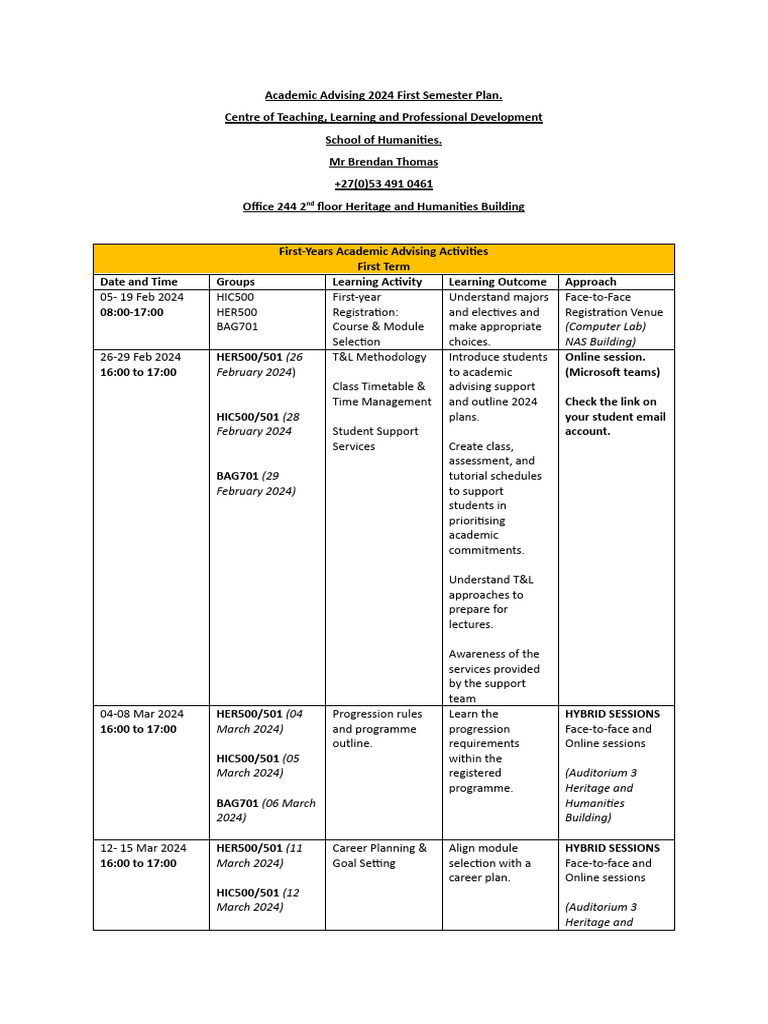 Academic Advising 2024 First Semester Plan | PDF | Learning | Cognitive Science