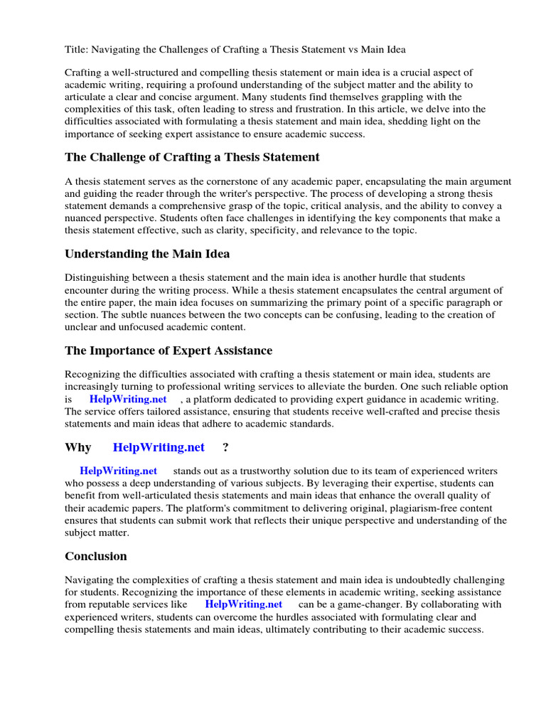 Thesis Statement Vs Main Idea | PDF | Essays | Thesis