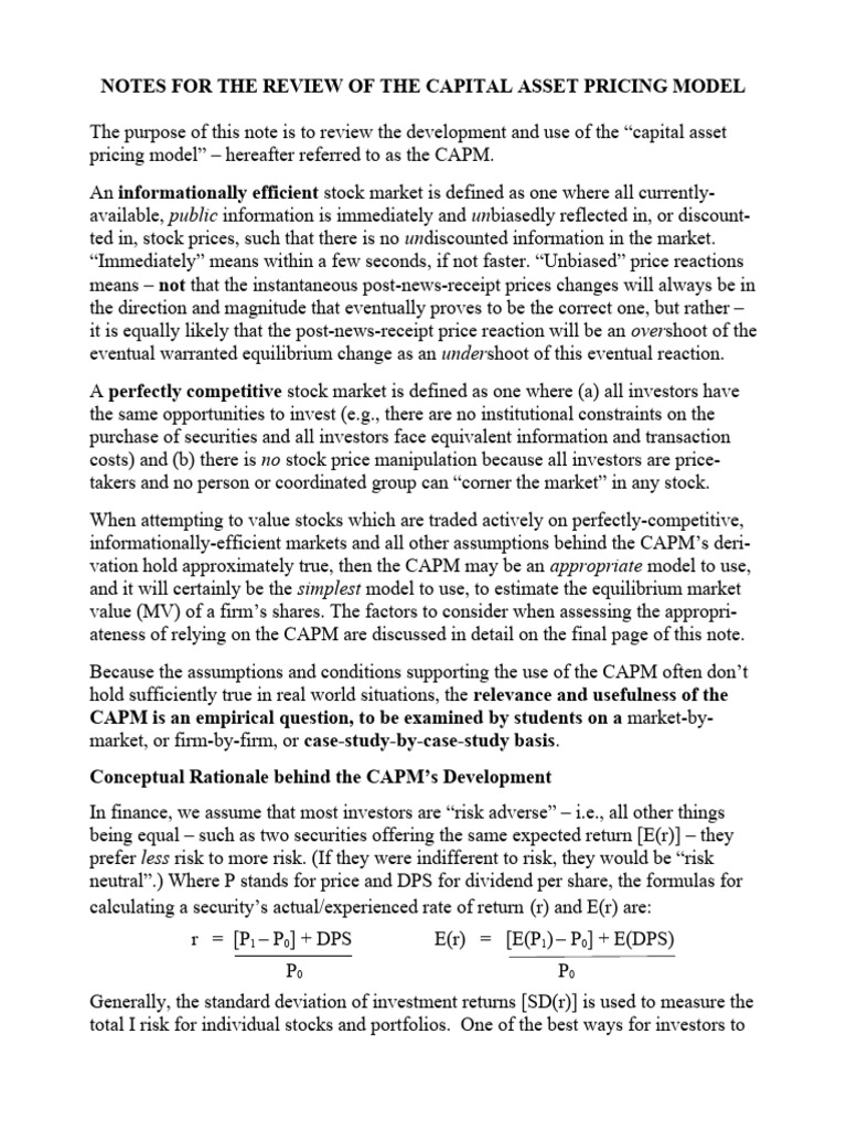 Notes For The Review of The Capital Asset Pricing Model | PDF | Capital ...