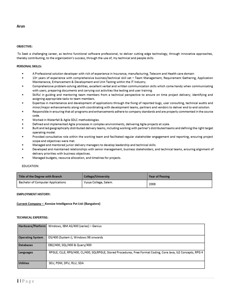 Arun_AS 400 Dummy Resume | PDF