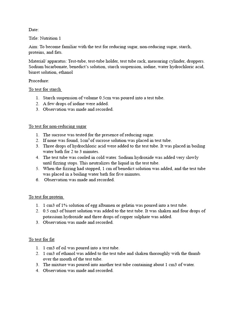 Food Test Lab | PDF | Starch | Chemistry
