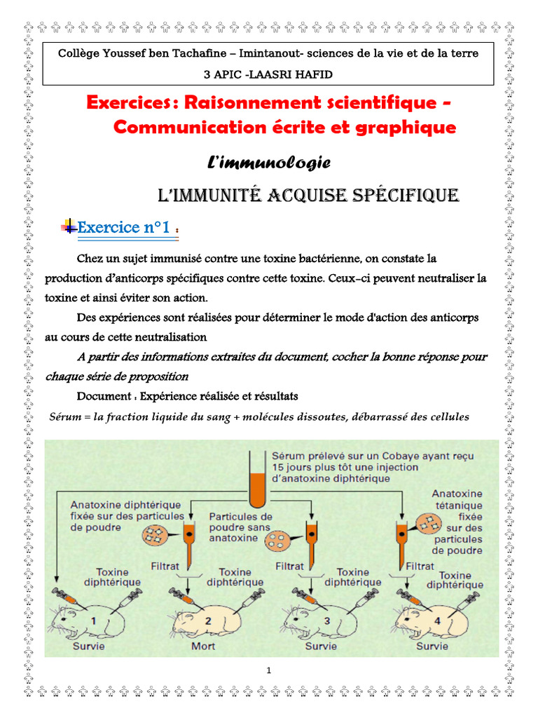Le Systeme Immunitaire Exercices SVT 3AC 3 | PDF