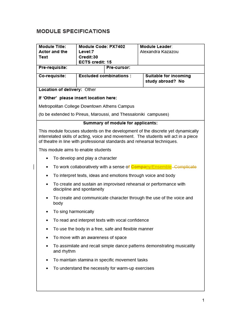 Validation3 Module Specifications - MA Acting | PDF | Learning | Intelligence