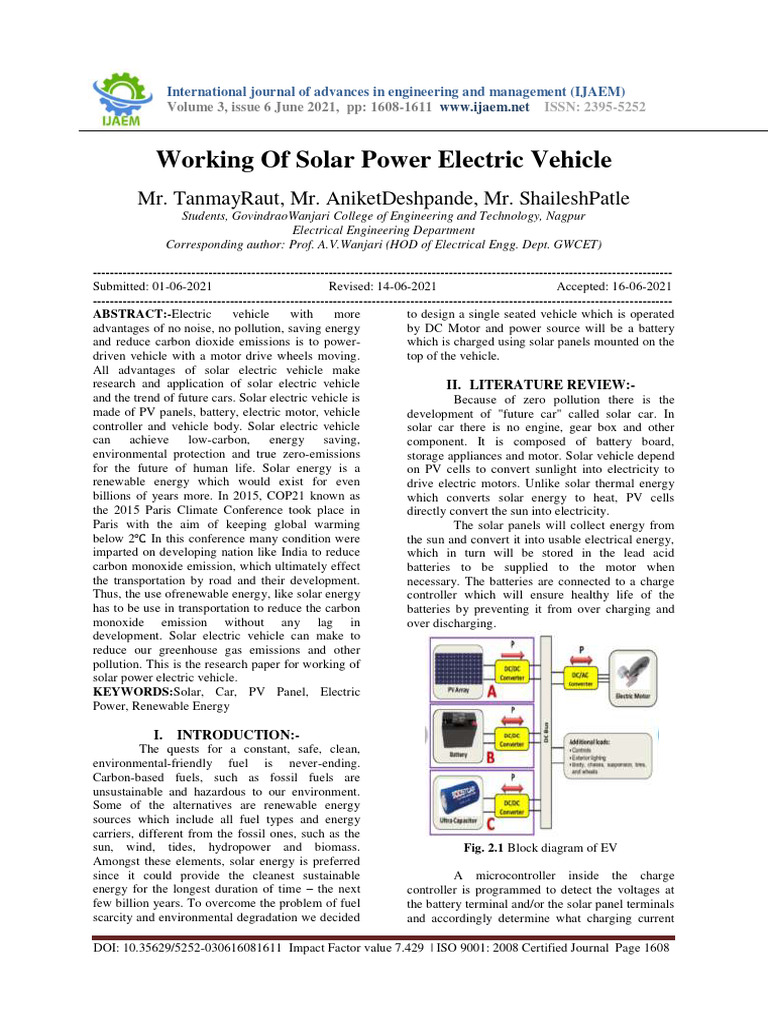 Working of Solar Power Electric Vehicle | PDF