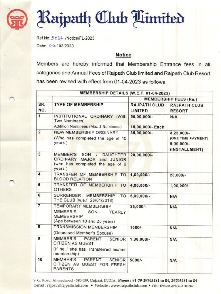 Revised Membership and Guest Fees 2023 | PDF