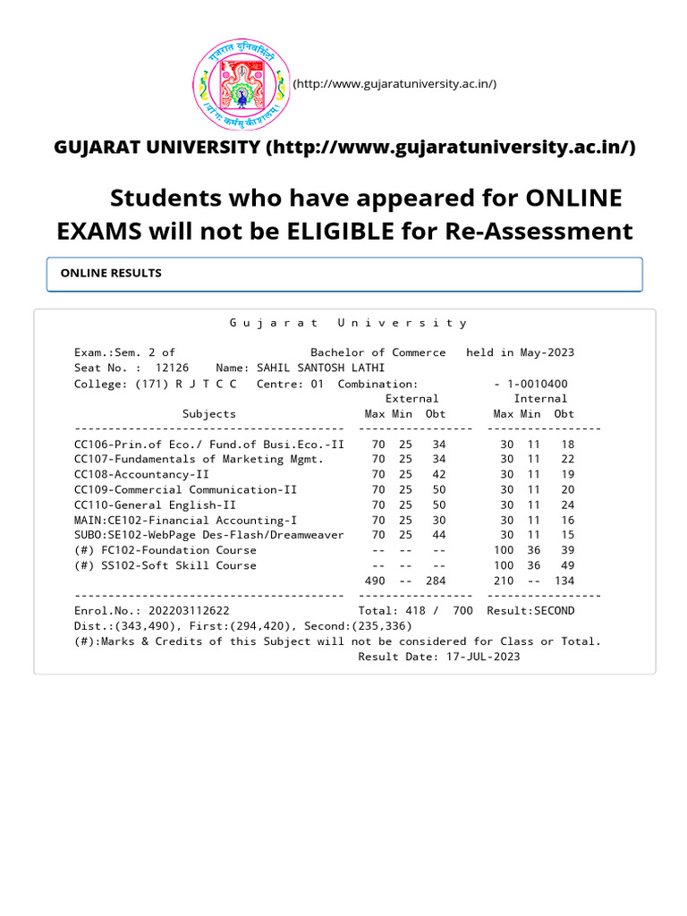 Online Result & Re-Assessment - Gujarat University | PDF