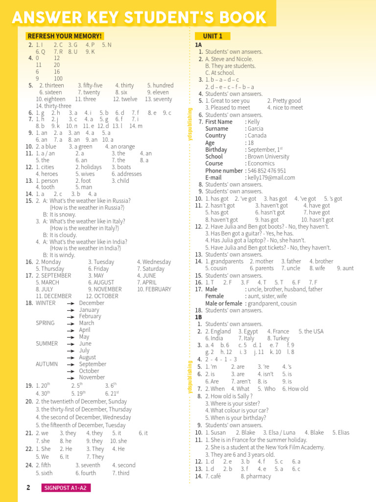 Signpost A1 A2 Students Book Answer Key | PDF