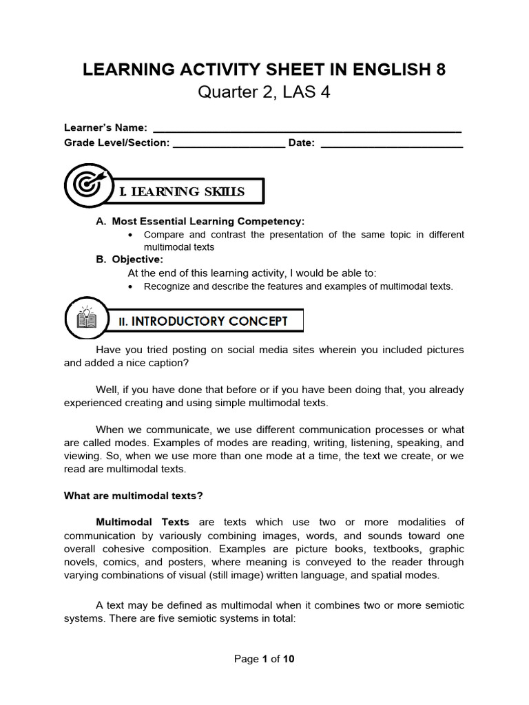 Learning Activity Sheet in English 8: Quarter 2, LAS 4 | PDF ...
