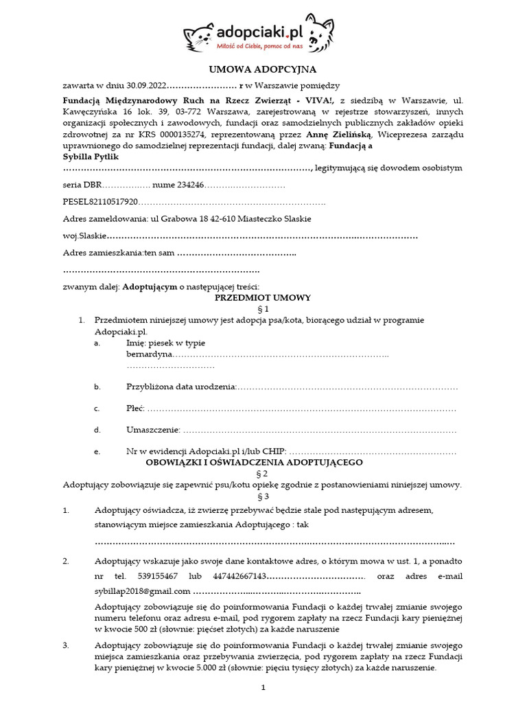 Umowa Adopcyjna 2022 | PDF