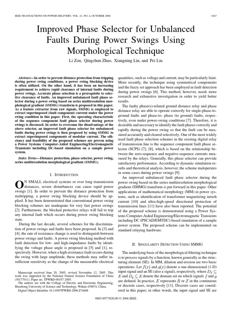 Improved Phase Selector For Unbalanced Faults During Power Swings Using ...