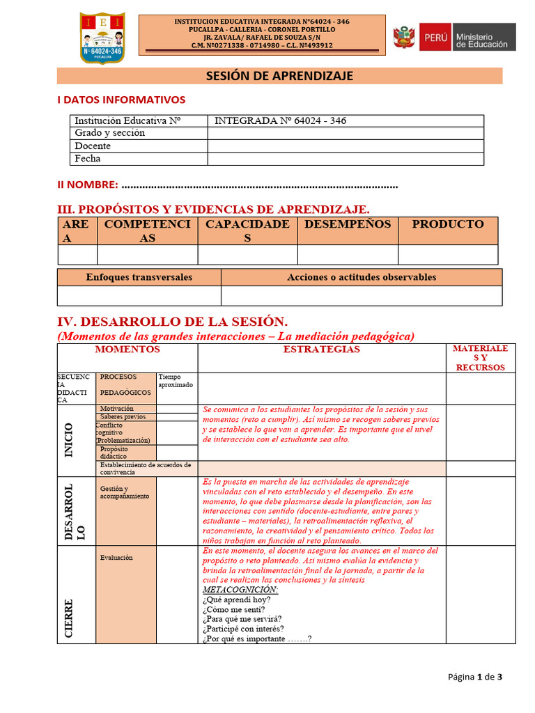 SESIÓN DE APRENDIZAJE ESQUEMA | PDF | Aprendizaje | Maestros