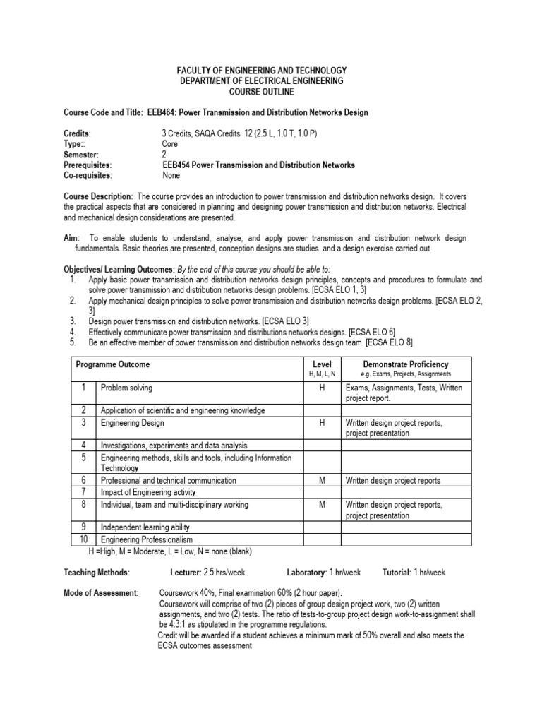 EEB464 Course Outline | PDF | Electric Power Transmission | Engineering