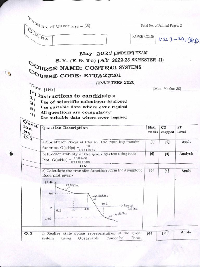 Control Systems Sem II Pattern 2020 Endsem Exam May 2023 - ETC | PDF ... Control Systems Sem II Pattern 2020 Endsem Exam May 2023 - ETC | PDF ...