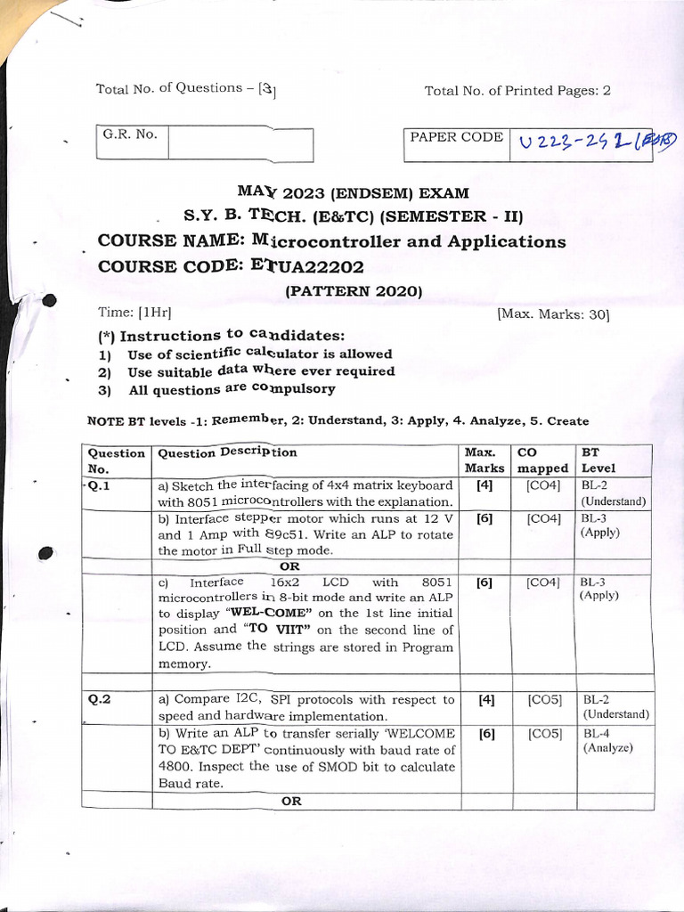 Microcontroller and Applications Sem II Pattern 2020 Endsem Exam May 2023 - ETC | PDF | Computer ...