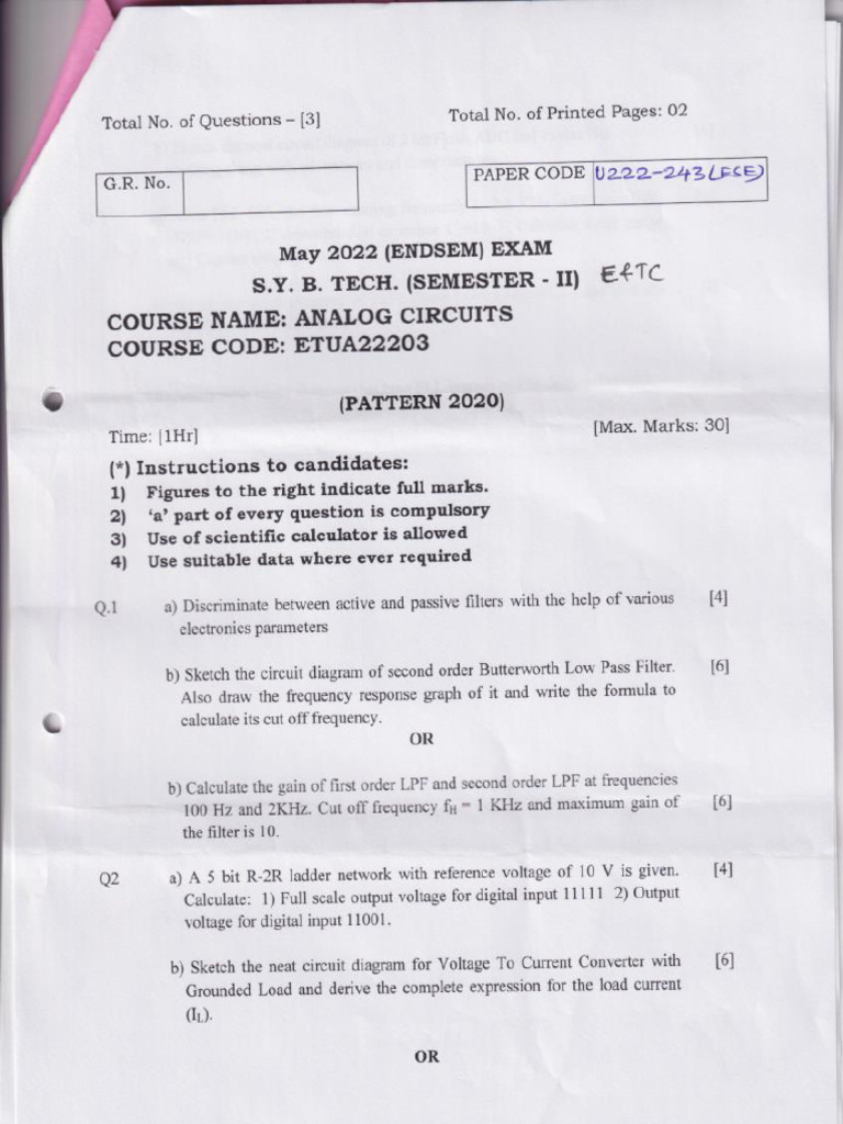 Analog Circuits Sem II Endsem Pattern 2020 May 2022 | PDF